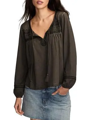 Lucky Brand Embroidered Tie-neck Peasant Top - Raven
