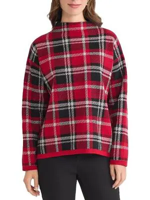 Jones New York Jacquard Plaid Funnel Neck Sweater - Venetian Red Multi