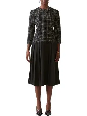 LK BENNETT Metallic Tweed Pleated Dress - Black Ivory