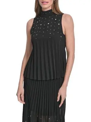 Dkny Metallic Studded Pleated Scuba Crepe Top - Black
