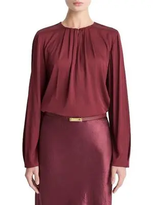 Vince Pleated Neck Silk Blend Top - Bordeaux
