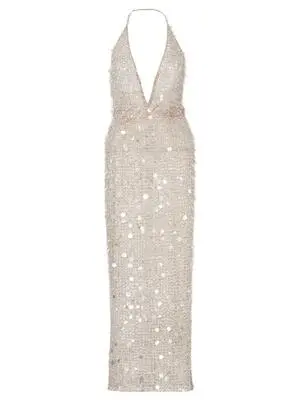 Carolina Herrera Embellished Plunging Halter Column Gown - Nude