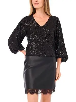 Vince Camuto Sequin Balloon Sleeve Top - Rich Black
