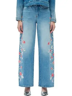 BAYEAS Floral Embroidered High-waist Barrel Leg Jeans - Light Blue