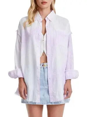 BAYEAS Fringe Longline Cotton Shirt - Light Purple/white Stripe