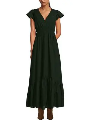 LANDS' END V-Neck Flutter Sleeve Maxi Dress Dark Green