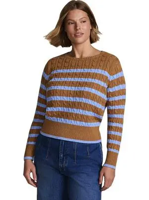 LANDS' END Drifter Modern Cable Crewneck Sweater - Canyon Camel/blue Stripe