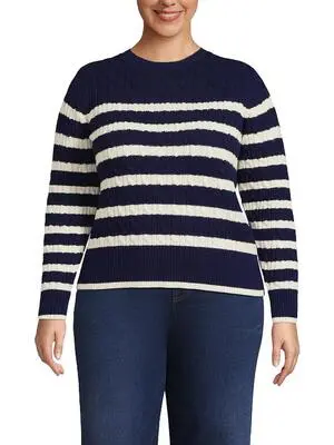 LANDS' END Drifter Modern Cable Crewneck Sweater - Deep Sea Navy/ivory Stripe