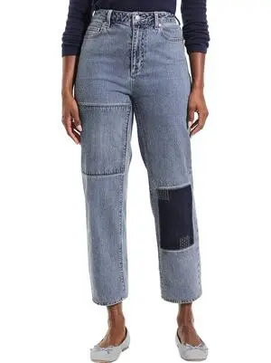 LANDS' END Soft Denim Mid Rise Relaxed Straight Crop Jeans Beau Blue Patchwork