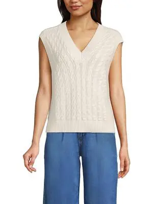 LANDS' END Drifter Modern Cable V-neck Vest - Fresh Ivory