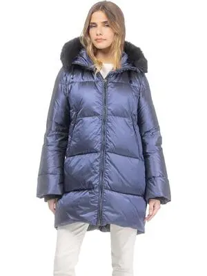 Gorski Après-ski Horizontal Jacket With Detachable Shearling Hood Trim - Ocean Blue/black