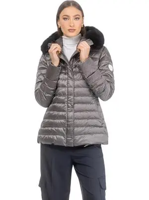 Gorski Short Down Jacket With Detachable Shearling Hood Trim - Greige/black
