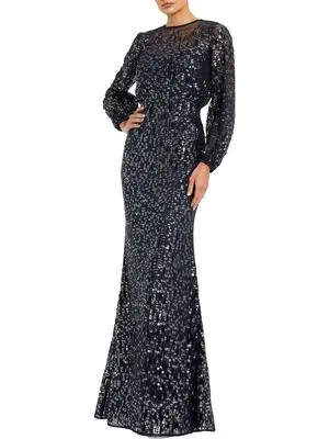 Mac Duggal Sequin Long-sleeve Blouson Gown - Midnight
