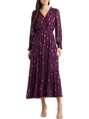 Halogen Metallic Fleck Long Sleeve Tiered Dress - Merlot