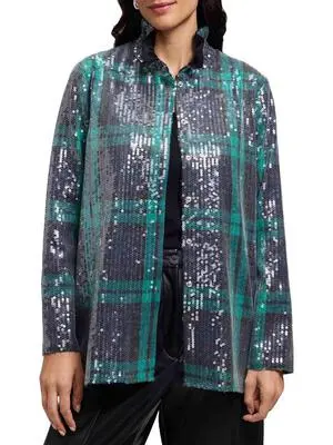 Foxcroft Carolina Plaid Sequin Shirt Jacket - Navy Blue/multi