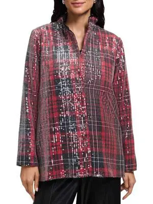 Foxcroft Carolina Plaid Sequin Shirt Jacket Red/multi
