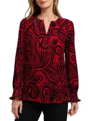 Foxcroft Paisley Velour Popover Top - Red/black