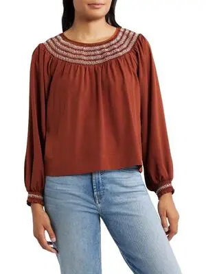 BOBEAU Embroidered Peasant Top