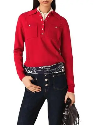 Maje Embroidered Polo Collar Sweater - Red