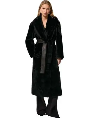 REISS Shearling Belted Coat - Chocolate Brown