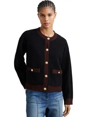 REISS Wool-cashmere Crew-neck Cardigan - Burgundy/black
