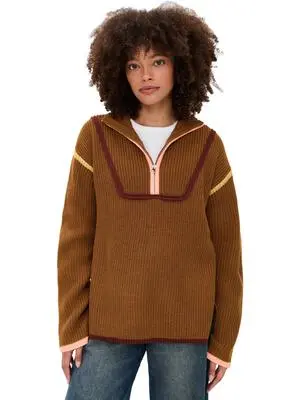English Factory Contrast Piping Quarter Zip Sweater - Mocha Multi