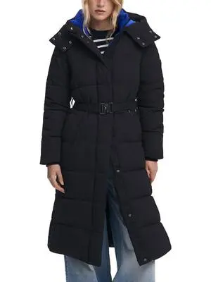 Desigual Quilted Longline Puffer Coat With Removable Hood - Black