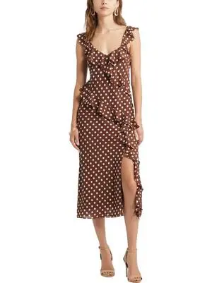 Chelsea28 Ruffle Trim Midi Dress - Brown Polka Dot
