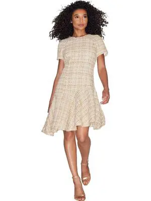 Natori Sparkle Tweed Short Sleeve Flounce Dress - White