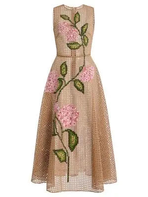 Oscar De La Renta Floral Rattan Guipure Midi Dress - Khaki