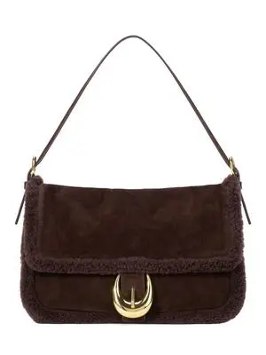 Staud Medium Harlow Suede Shoulder Bag With Faux Shearling Trim - Espresso