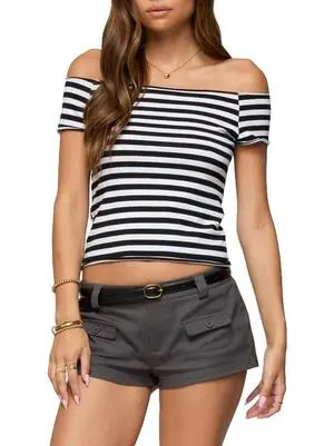 EDIKTED Amanda Stripe Off The Shoulder Top - Black-and-white