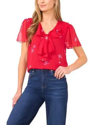 CECE DUPRAZ Floral Tie Neck Top - Stoplight Red
