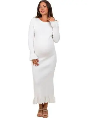 PINKBLUSH Ribbed Knit Bow Back Maternity Maxi Dress - Ivory