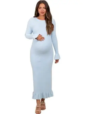 PINKBLUSH Ribbed Knit Bow Back Maternity Maxi Dress Light Blue