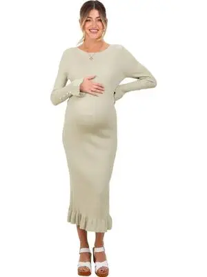 PINKBLUSH Ribbed Knit Bow Back Maternity Maxi Dress Light Olive