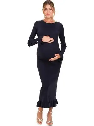 PINKBLUSH Ribbed Knit Bow Back Maxi Dress Navy Blue