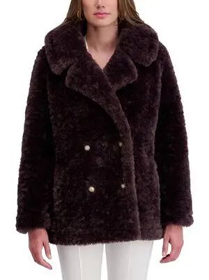 Kensie Faux Shearling Double-Breasted Coat Chocolate