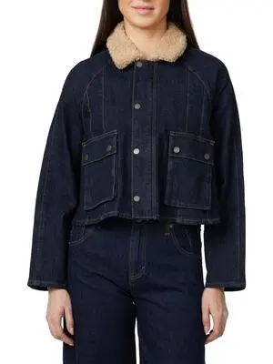 Habitual Faux Shearling Collar Cropped Barn Jacket - Rinse
