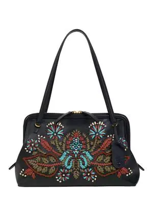 Etro Embroidered Leather Shoulder Bag - Black