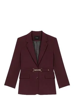 Maje Belted Single-breasted Stretch Wool-blend Blazer - Burgundy