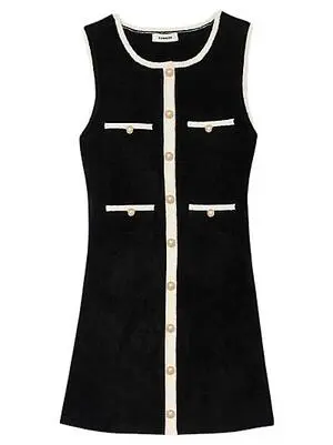 Sandro Round-neck Button-down Stretch-velvet Mini Dress - Black