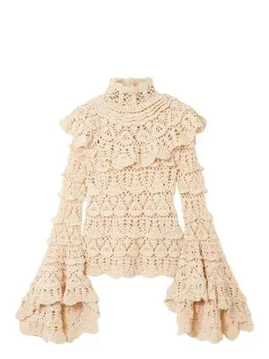Zimmermann Hypnotic Tiered Crocheted Cotton Turtleneck Top - Cream