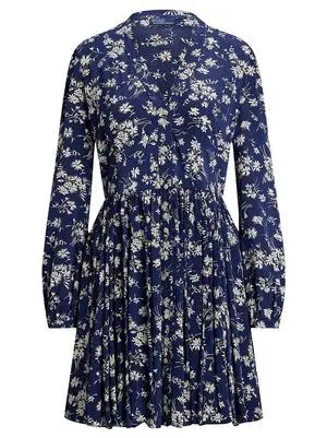 Ralph Lauren Floral Crepe Buttoned Dress - Daisy Bouquet Navy Cream
