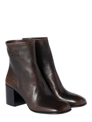 Miu Miu Fumé Leather Booties - Dark Brown