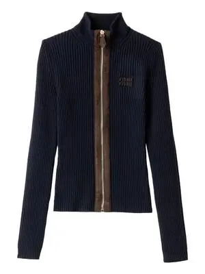 Miu Miu Cashmere And Leather Zipper Cardigan - Navy