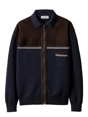 Miu Miu Wool And Leather Zipper Cardigan - Blue/cocoa Brown