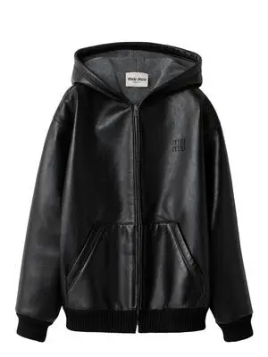 Miu Miu Nappa Leather Hoodie Jacket - Black