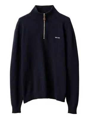 Miu Miu Cashmere And Leather Zipper Sweater - Navy