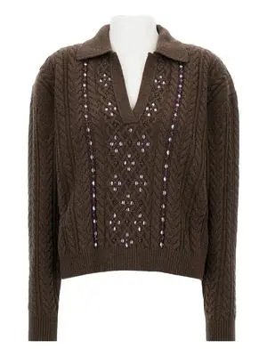 DES_PHEMMES Embroidered Cable-knit Sweater - Brown